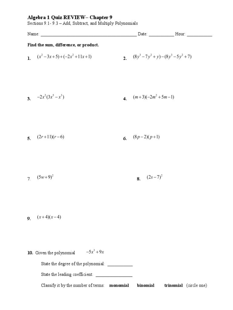 Algebra 1 Quiz REVIEW - Chapter 9: Find The Sum, Difference, or Product ...