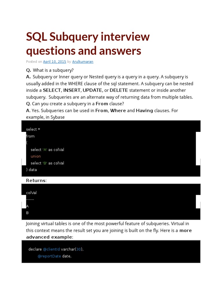 SQL Subquery Interview Questions and Answers | PDF | Sql | Computer Programming