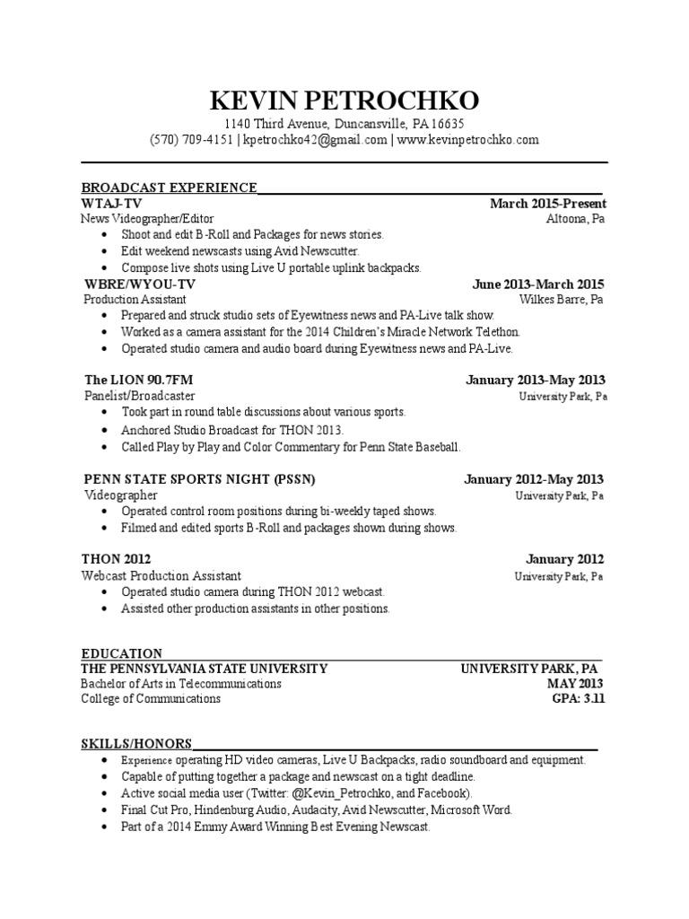 Kevin Petrochko: Broadcast Experience Resume | PDF | Business ...