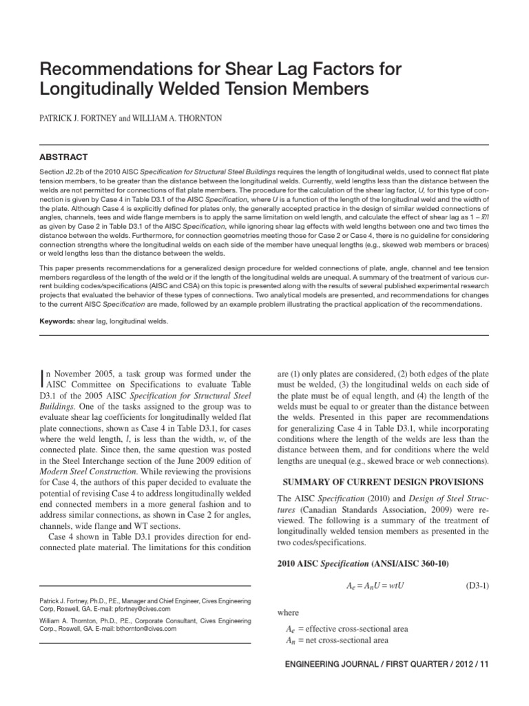 Recommendations For Shear Lag Factors For Longitudinally Welded Tension ...