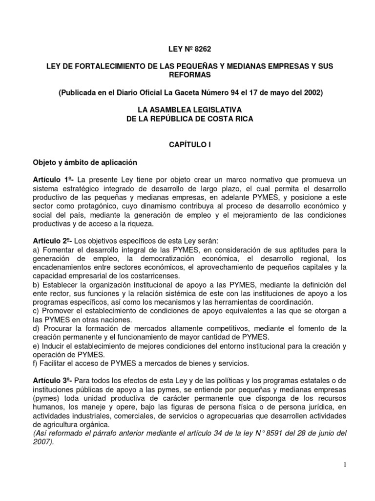 Ley 8262: Fortalecimiento de PYMES en CR | PDF | Pequeñas y medianas ...