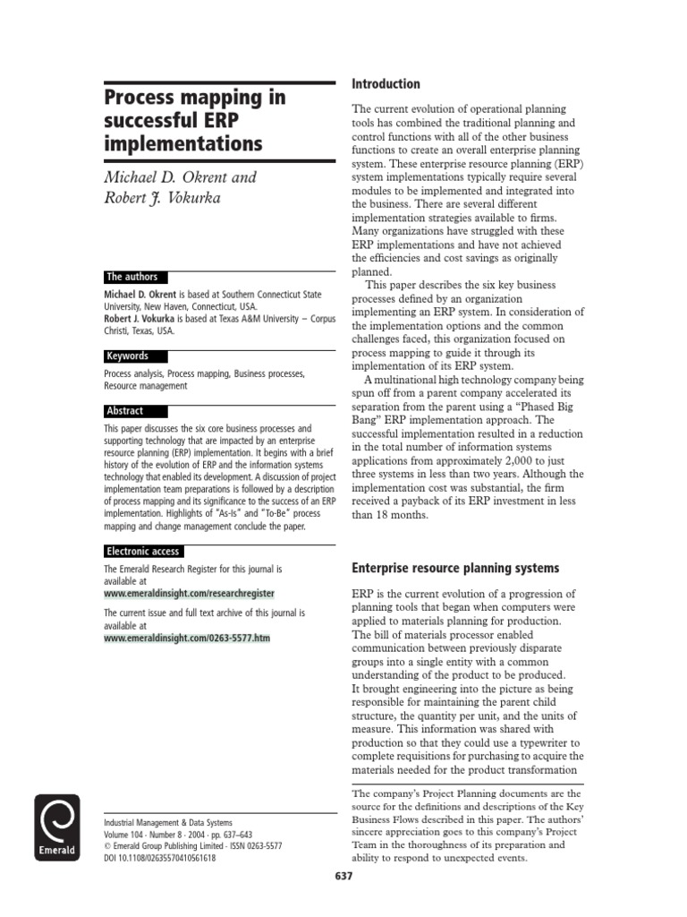 Process Mapping in Successful ERP Implementations: Michael D. Okrent ...