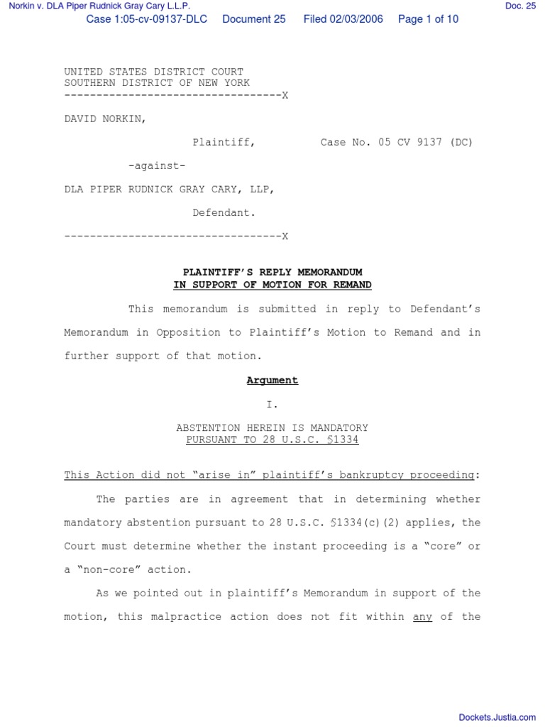 Plaintiff's Motion for Remand in Norkin v. DLA Piper | PDF | Abstention ...