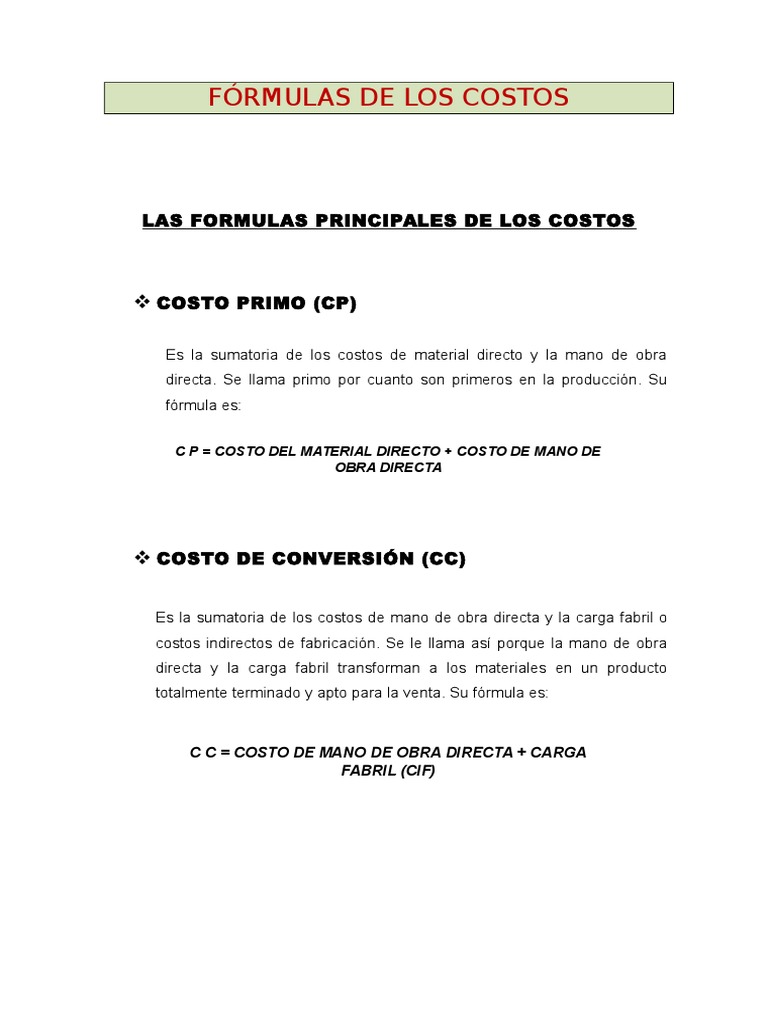 Formulas de Los Costos | PDF | Costo | Inventario