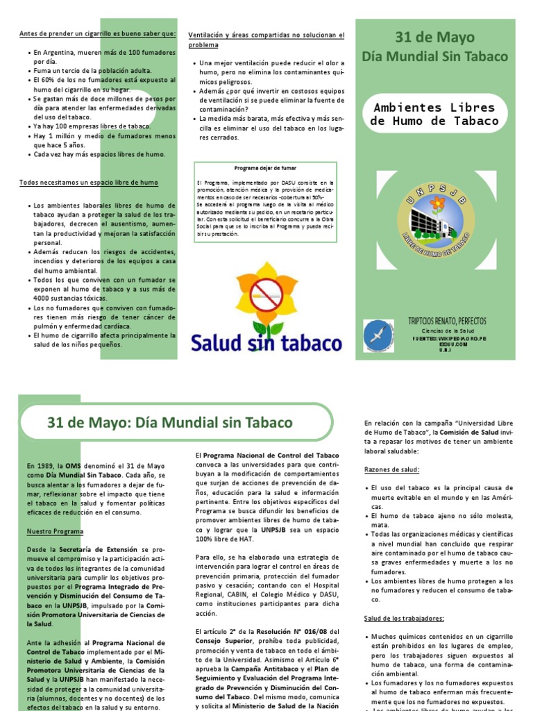 Triptico Día Mundial Sin Tabaco | PDF | Fumar tabaco | Adicción
