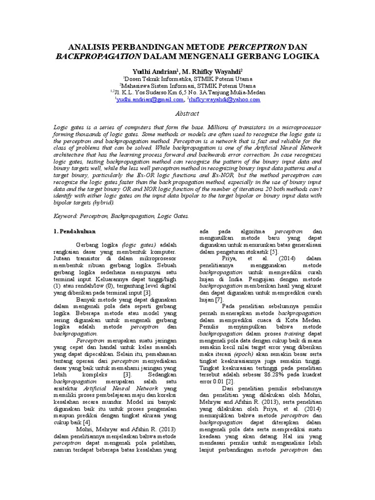 Analisis Perbandingan Metode Perceptron Dan Backpropagation Dalam Mengenali Gerbang Logika | PDF