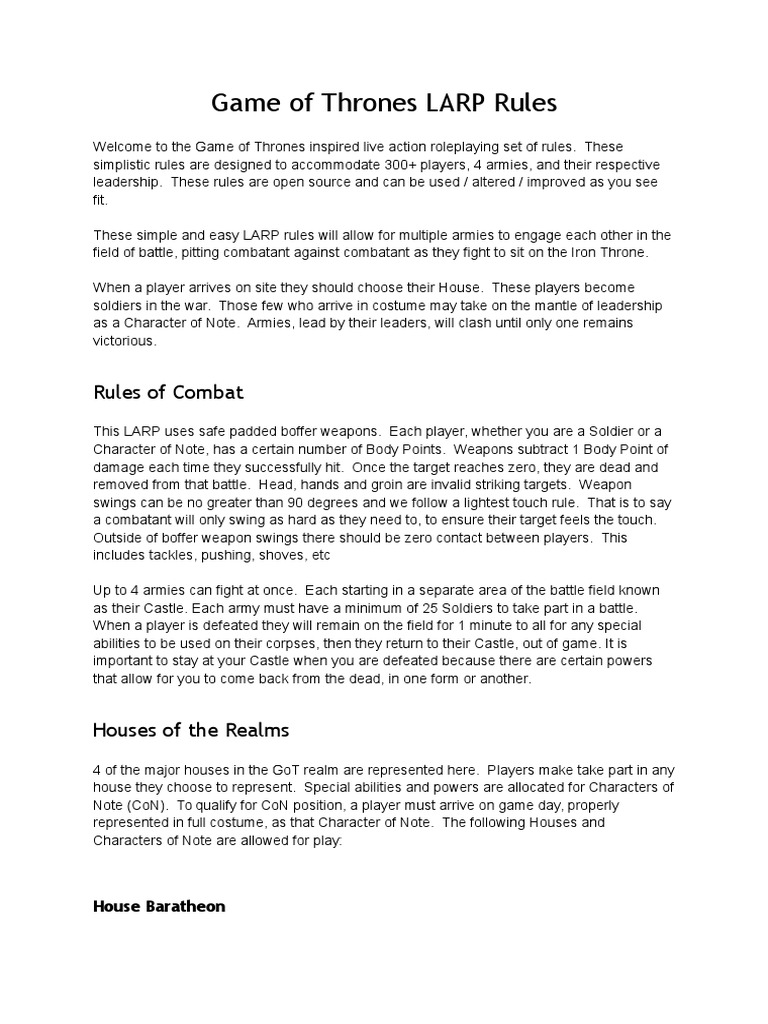 Game of Thrones LARP Rules | PDF | Game Of Thrones (TV Series) Episodes ...