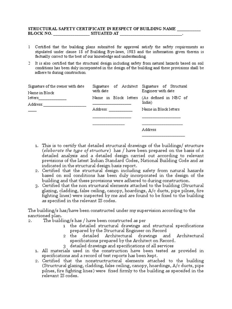 Structural Safety Certificate | PDF