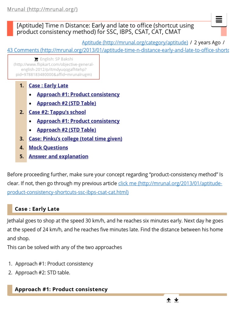 (Aptitude) Time N Distance - Early and Late To Office (Shortcut Using Product Consistency Method ...