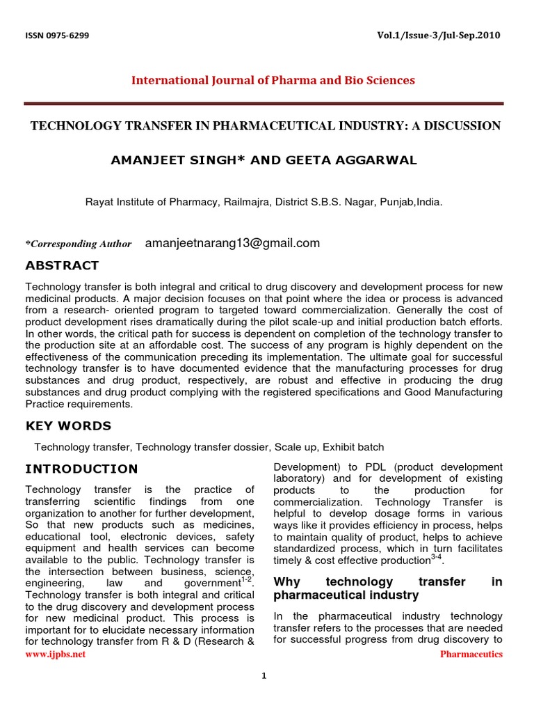 Technology Transfer in Pharma Industry | PDF | Pharmaceutical Drug ...