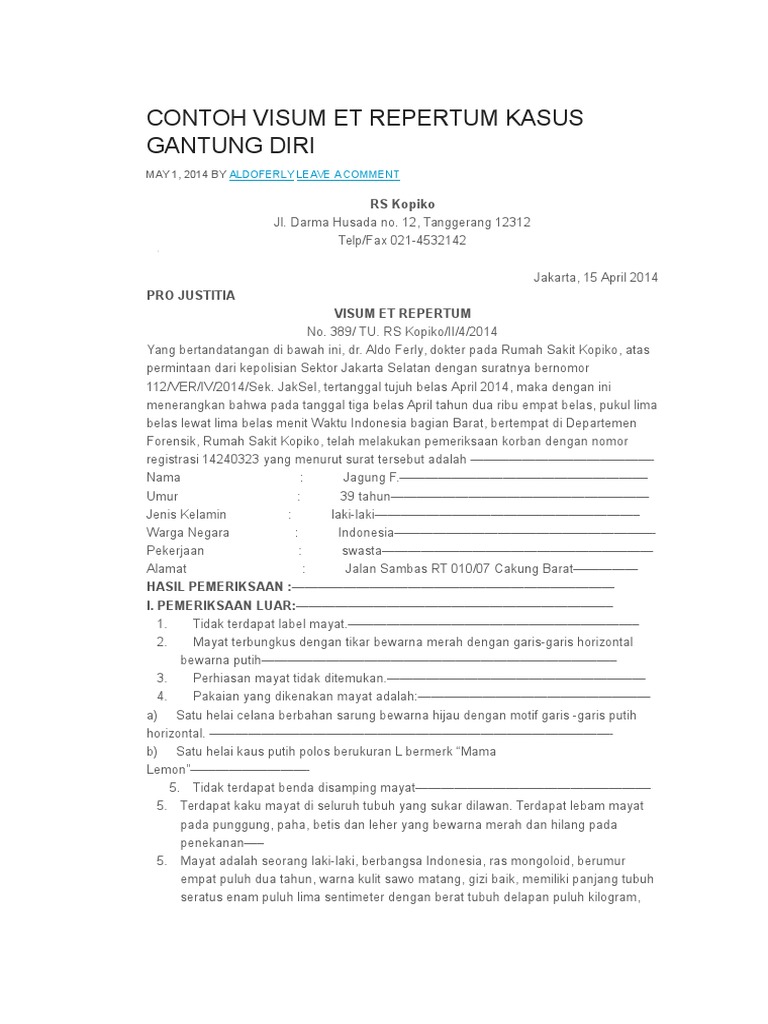 Contoh Visum Et Repertum Kasus Gantung Diri | PDF
