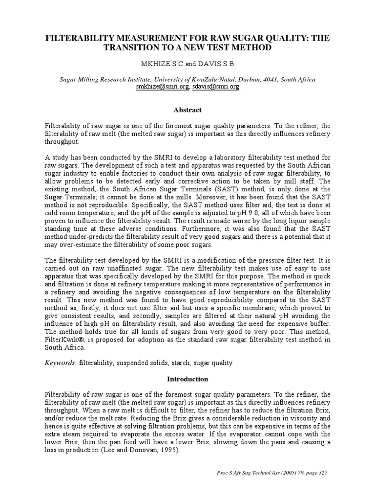 Filterability Measurement For Raw Sugar | PDF | Filtration | Mean