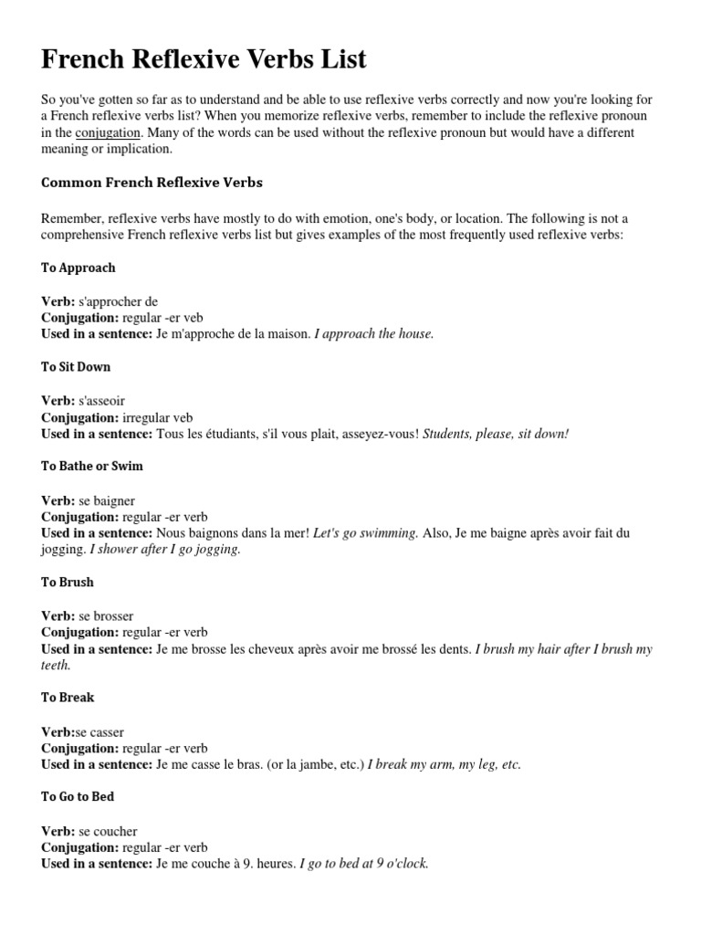 French Reflexive Verbs List PDF | Download Free PDF | Grammatical ...