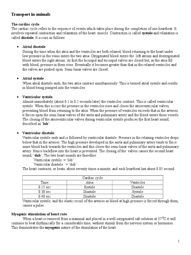 Transport in Animals: The Cardiac Cycle | PDF | Ventricle (Heart) | Atrium (Heart)