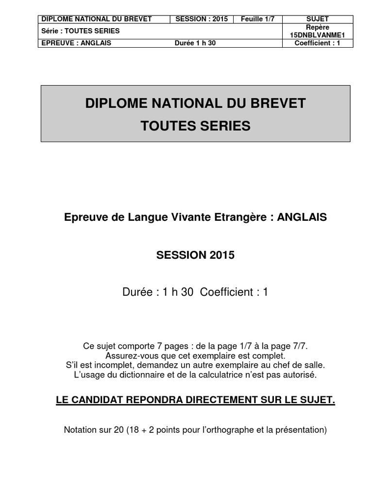 Épreuve d'anglais pour le brevet | Schools | Languages | Free 30-day ...