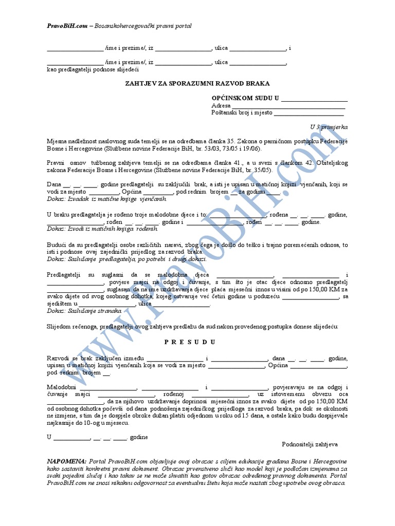 Zahtjev Za Sporazumni Razvod Braka | PDF