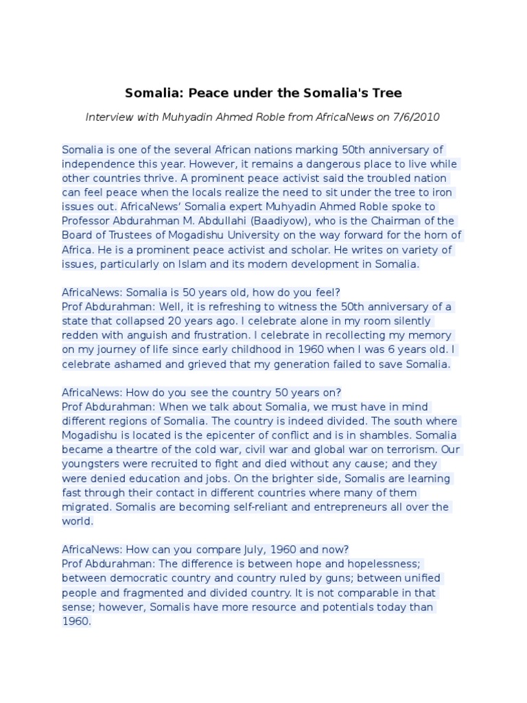 Somalia Peace Under The Tree of Dialogue | PDF | Somalia | Mogadishu