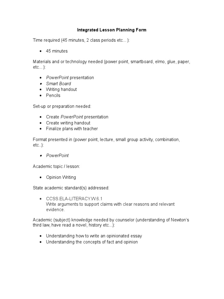 Opinion Writing Integrated Lesson Plan | PDF | School Counselor ...