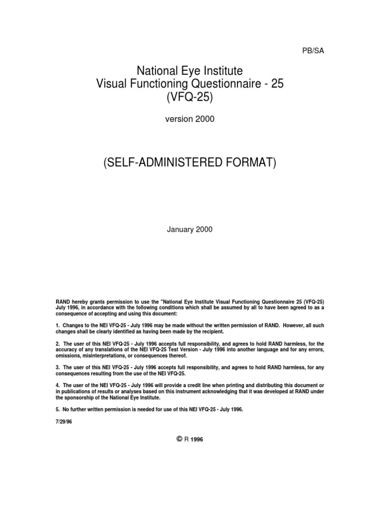 National Eye Institute Visual Functioning Questionnaire - 25 (VFQ-25) | PDF | Confidentiality ...