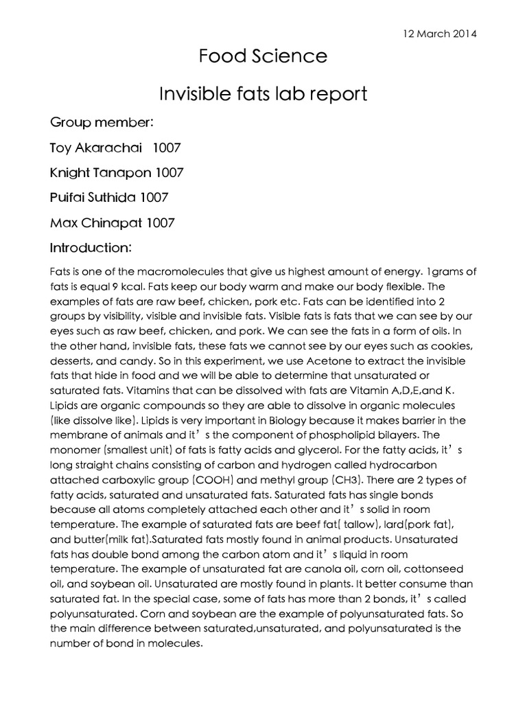 Food Science Invisible Fats Lab Report | PDF | Fat | Saturated Fat