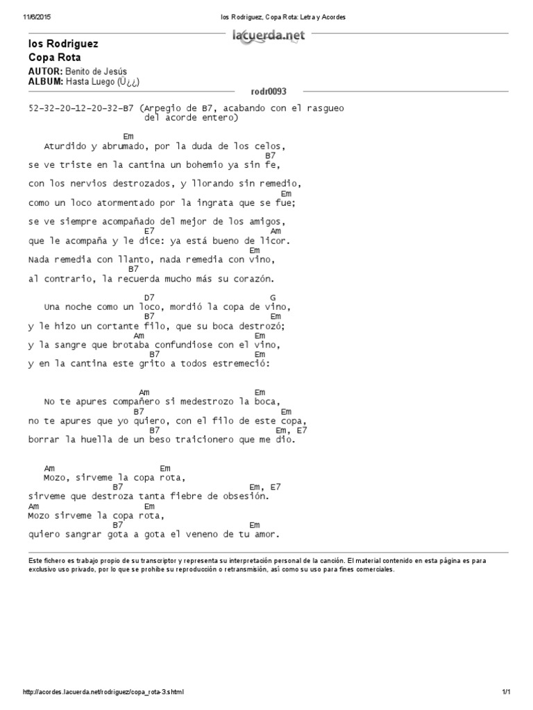 Los Rodriguez, Copa Rota - Letra y Acordes | PDF | Entretenimiento ...