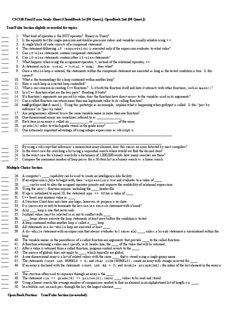 CSC Final Exam Study Sheet | Control Flow | Subroutine