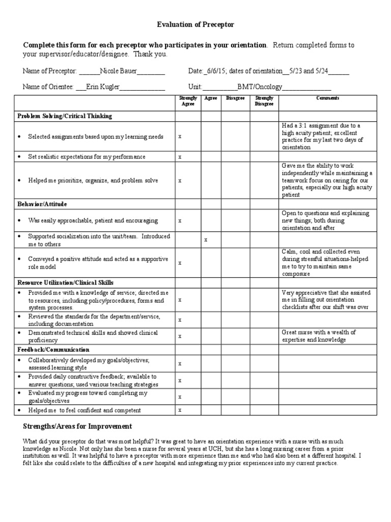 Preceptor Evaluation and Feedback Form | PDF | Nursing | Strategic ...
