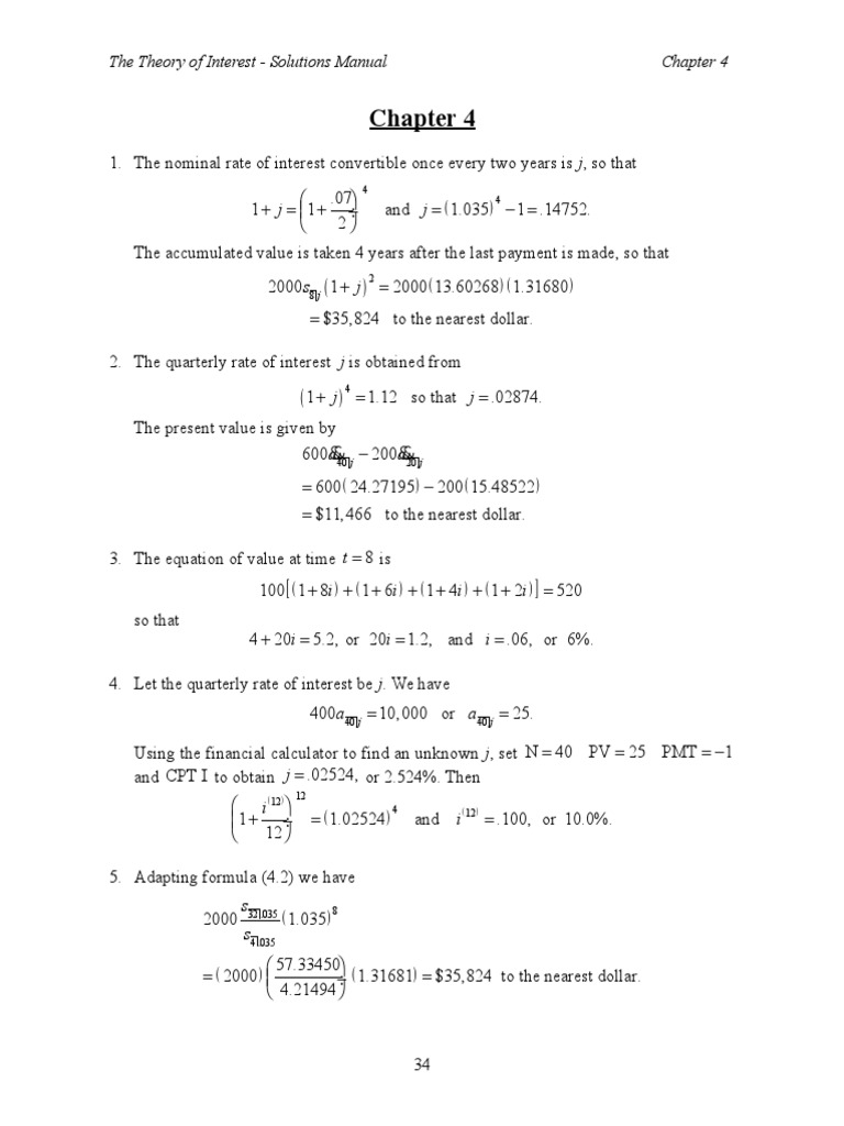Interest Theory Solutions Manual Chapter 4 | PDF | Present Value | Money
