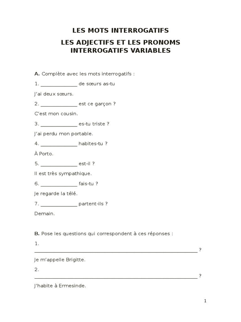 Mots Interrogatifs en Français 7e Année | PDF