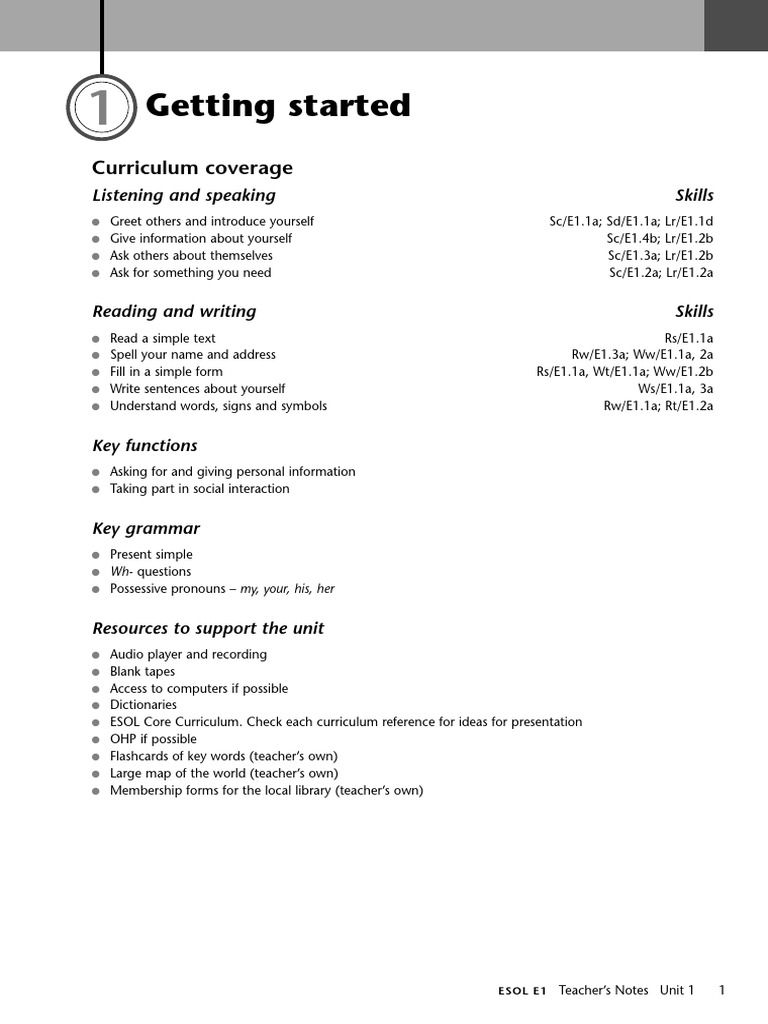 01 - ESOL Teacher Notes Entry 1 Unit 1 | PDF | Question | English Language