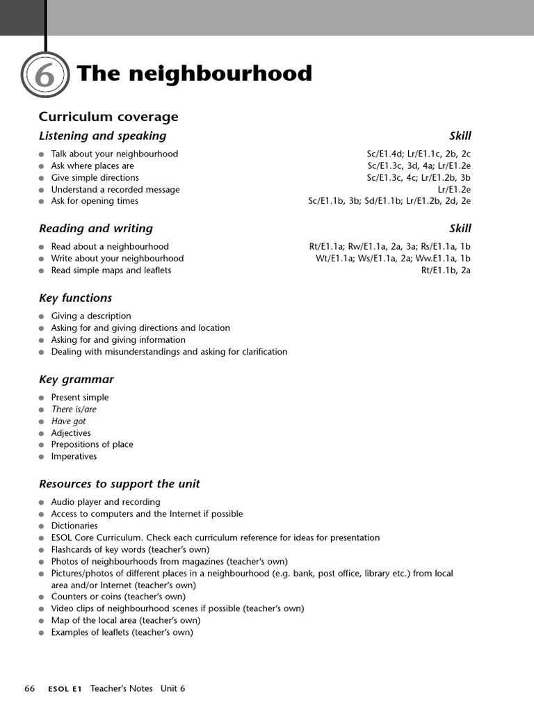 Neighbourhoods: ESOL Entry 1 Unit 6 | PDF | Reading Comprehension ...