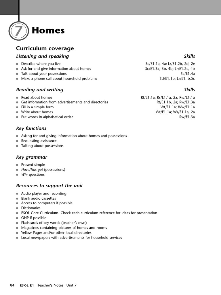 07 - ESOL Teacher Notes Entry 1 Unit 7 | PDF | Vocabulary | English As ...