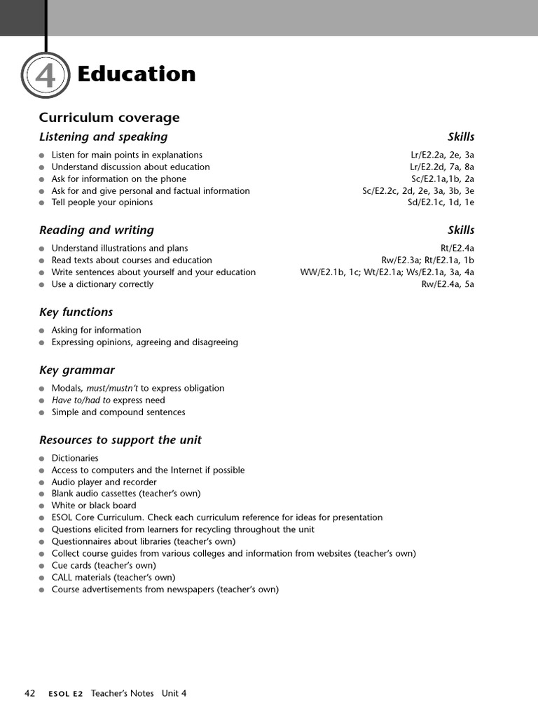 ESOL Entry 2: Education Unit Overview | PDF | English As A Second Or ...