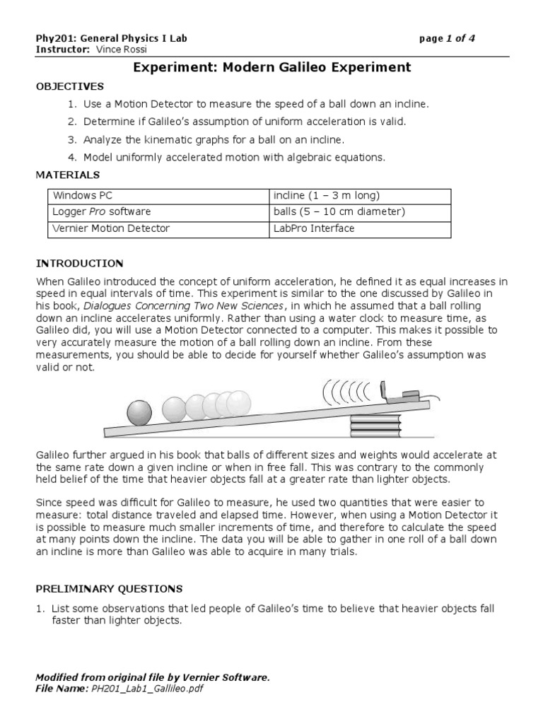 Experiment: Modern Galileo Experiment: Objectives | PDF | Acceleration ...