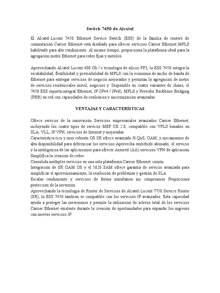 Switch Alcatel 7450: Características y Ventajas | PDF | Línea de ...