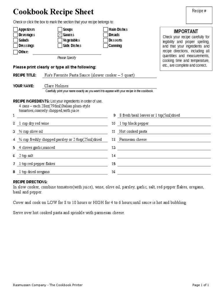 Cookbook Recipe Sheet: Important | PDF