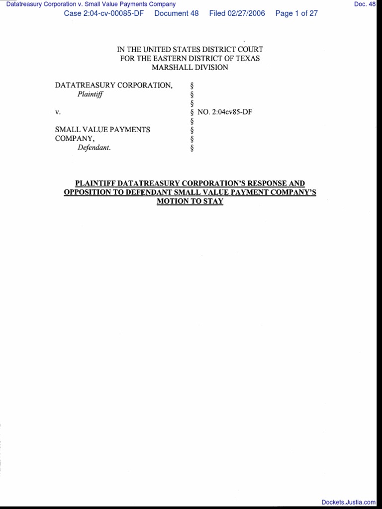 DataTreasury Opposes SVPCo's Motion to Stay | PDF | Reexamination ...