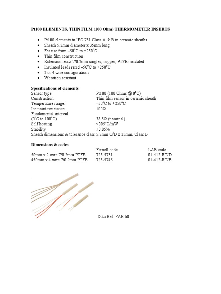 Pt100 Elements, Thin Film (100 Ohm) Thermometer Inserts | PDF ...