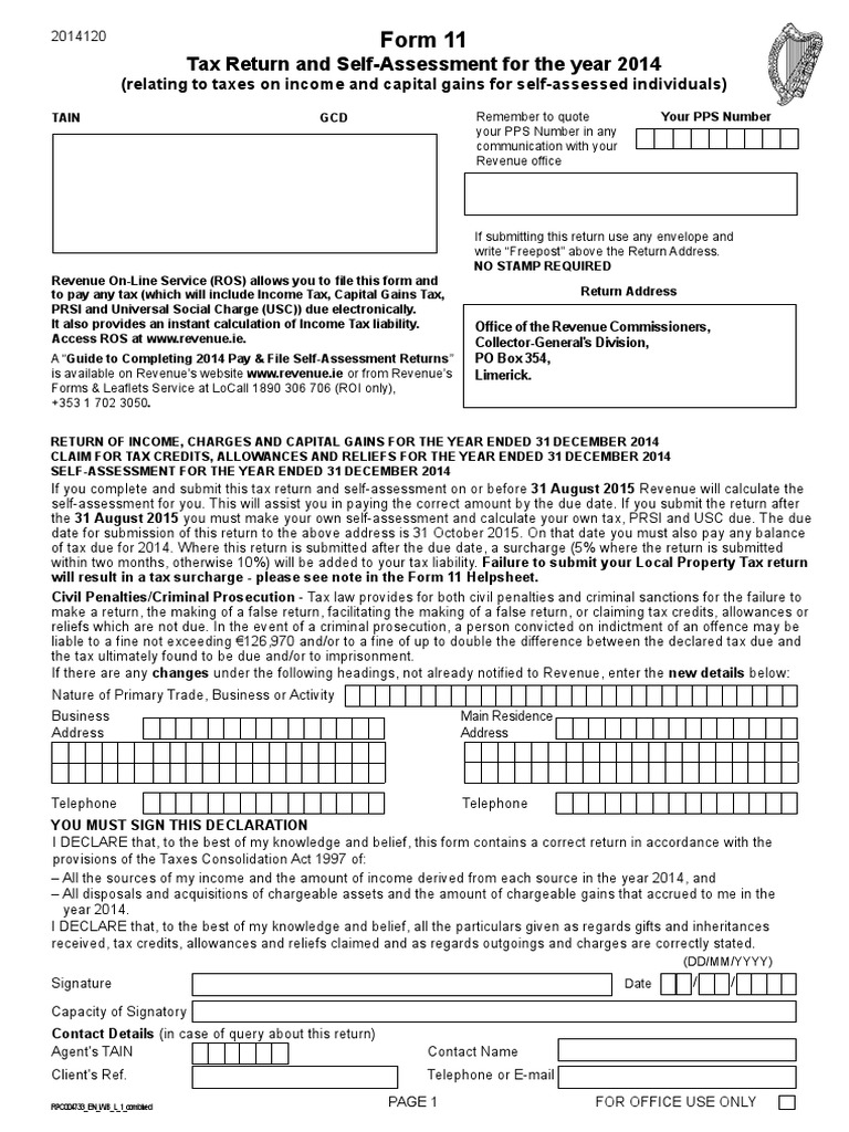 Form 11: Tax Return and Self-Assessment For The Year 2014 | PDF ...