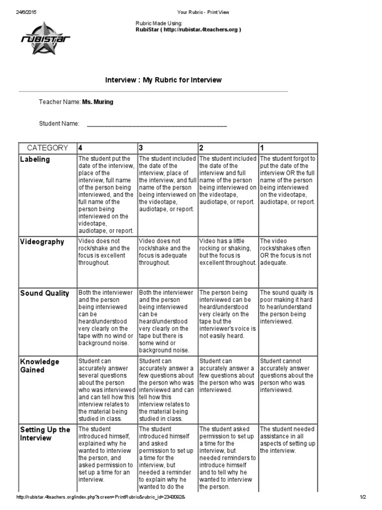 Interview: My Rubric For Interview: Category 4 3 2 1 Labeling ...