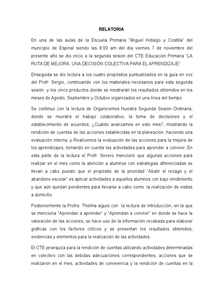 RELATORIA Segunda Sesión CTE | PDF | Lectura (proceso) | Cuaderno