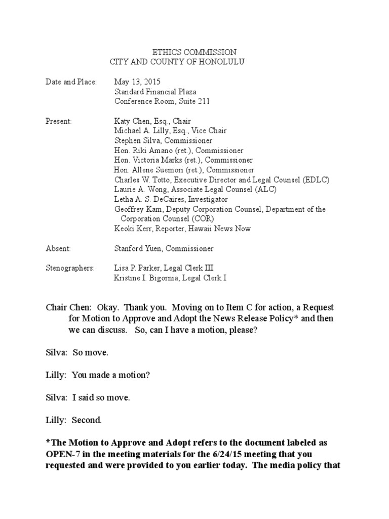 Honolulu Ethics Commission Memo | Advisory Opinion | Lawyer