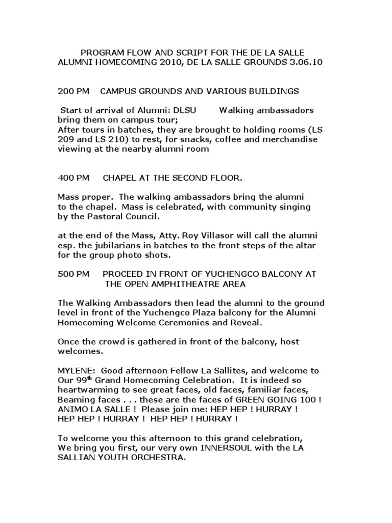 De La Salle Alumni Homecoming 2010 Script | PDF | Leisure | Religion ...
