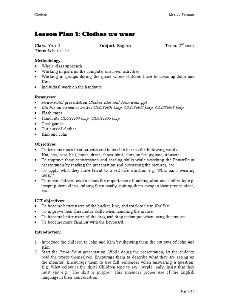 Lesson Plan 1: Clothes We Wear: Class: Year 2 Time: HR To 1 HR ...