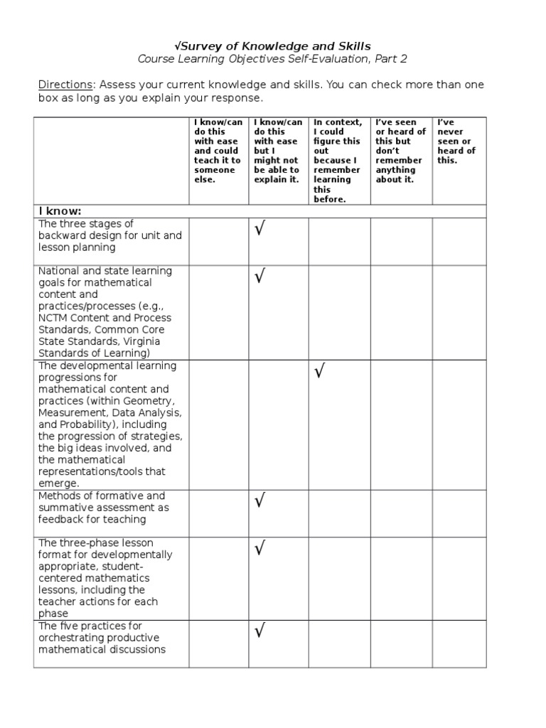 Math Skills Self-Evaluation Survey | PDF | Educational Assessment ...
