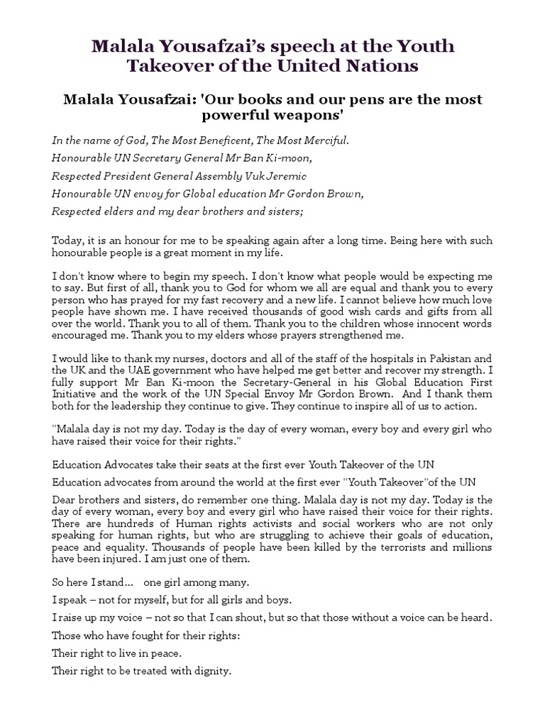 Malala Yousafzai’s Speech | Malala Yousafzai | Politics