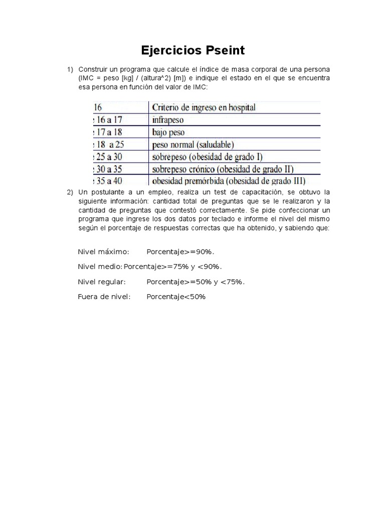Ejercicios de Pseint: IMC y Evaluación | PDF | Índice de masa corporal ...