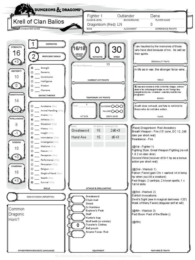 Krell (Fighter Warlock) - Character Sheet - V1 | PDF | Gaming | Dungeons & Dragons
