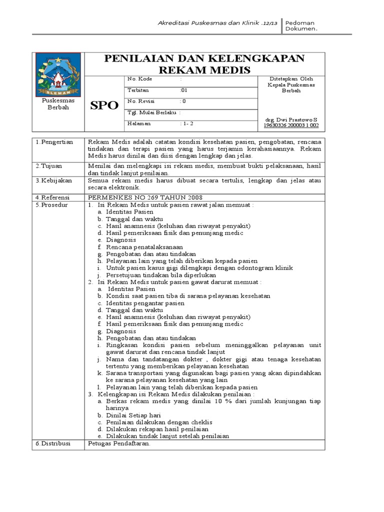 SPO Penilaian Dan Kelengkapan Rekam Medis | PDF