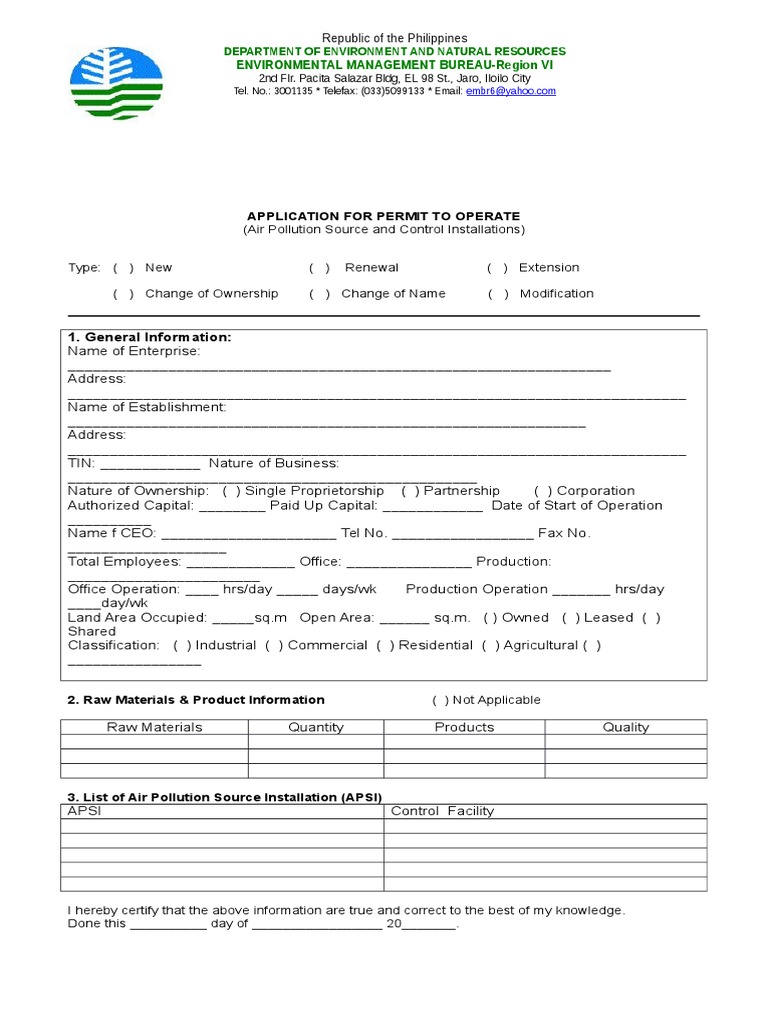 Application For Permit To Operate (New) | Air Pollution | Pollution